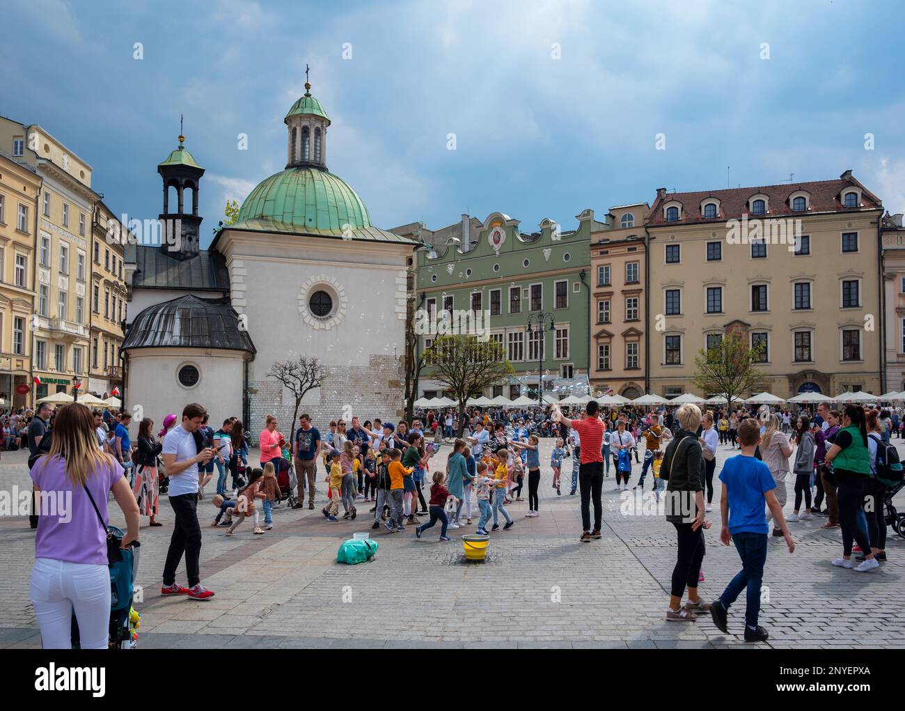 View of Rynek Glowny ,the main market square with historical buildings ...