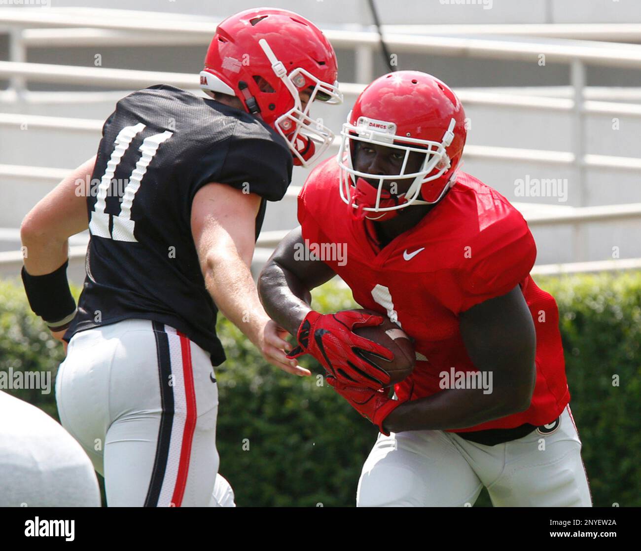 Georgia tailback Sony Michel (1) takes a handoff from quarterback Jake ...