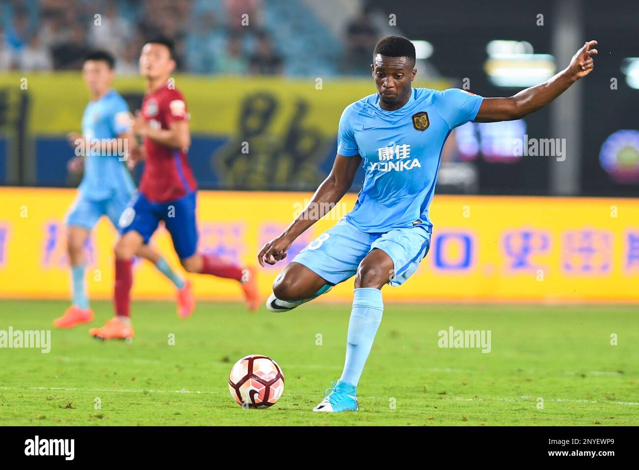 Cameroonian football player Benjamin Moukandjo of Jiangsu Suning kicks ...