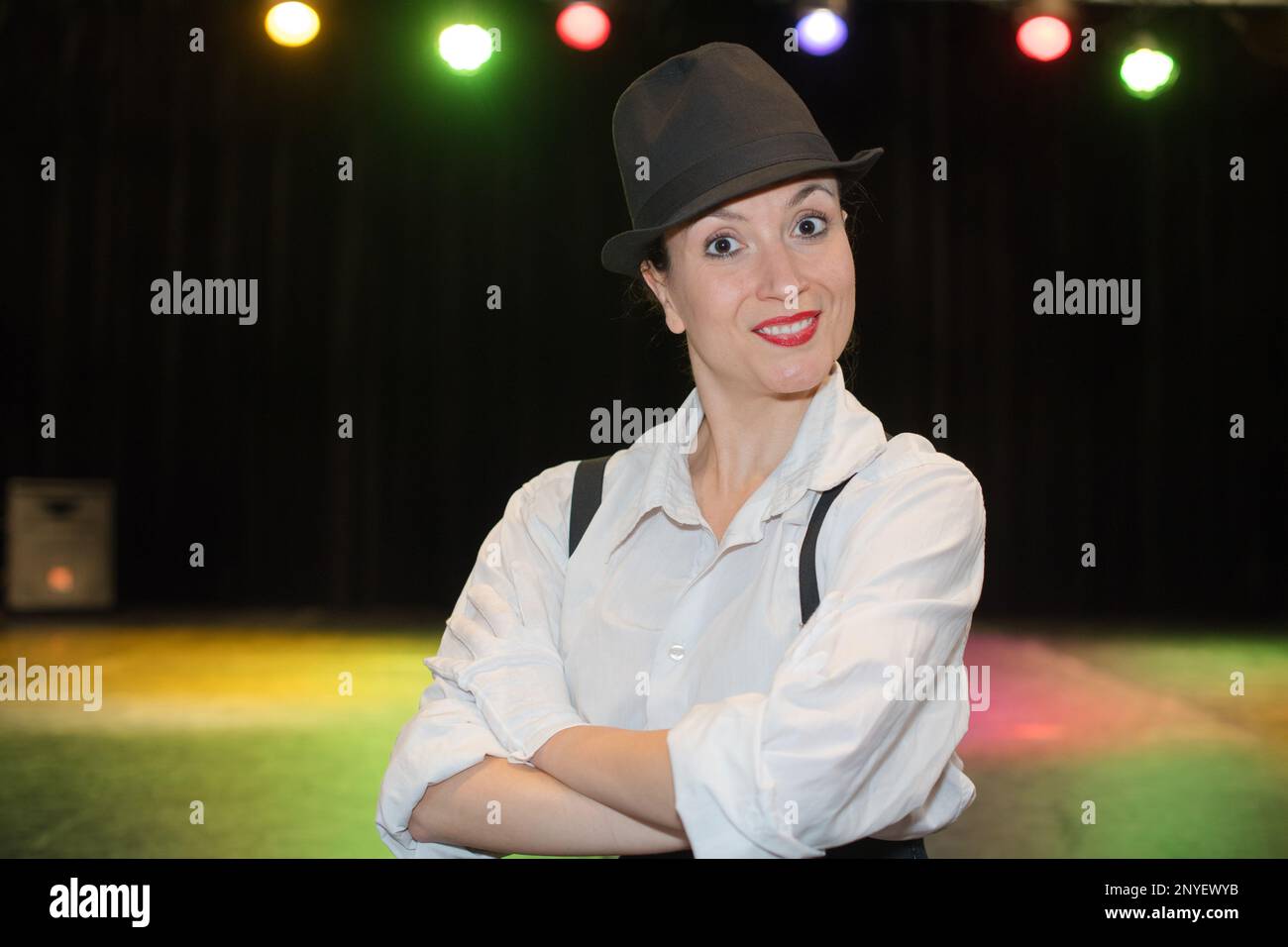 a female comedian on stage Stock Photo - Alamy