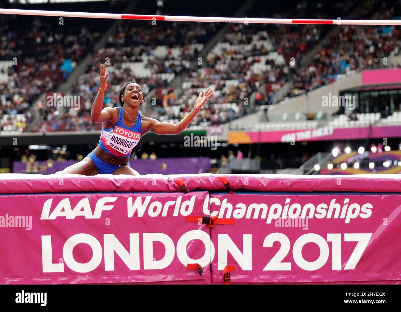 Cuba's Yorgelis Rodriguez celebrates after an attempt in the high jump ...
