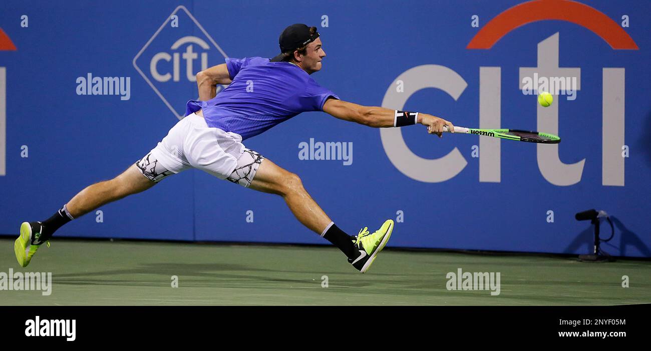 August 4, 2017: Tommy Paul (USA) stretches for a backhand at the 2017 ...