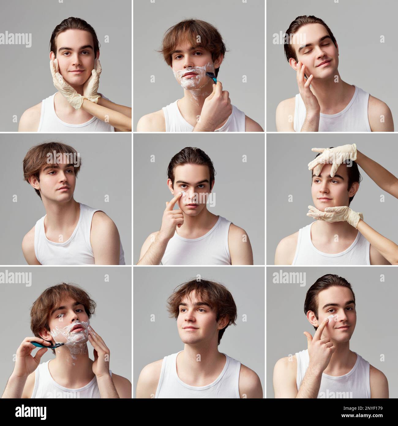 Collage. Handsome young man in singlet taking care after skin with ...