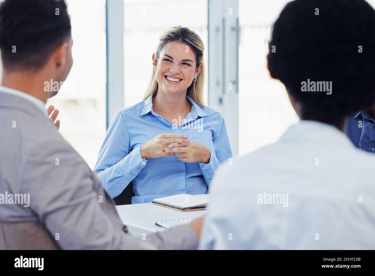 Business meeting, planning and happy woman for b2b communication ...