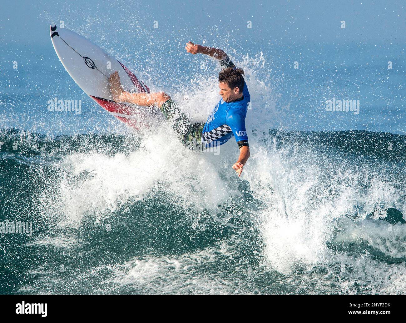 Brett Simpson launches off the top of a wave as he surfs in a heat ...