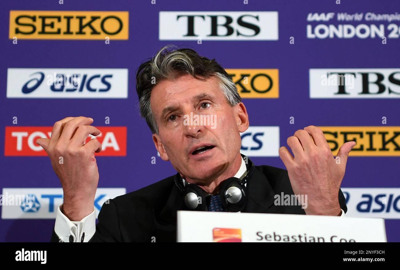 IAAF president Sebastian Coe reacts during a press conference prior to ...