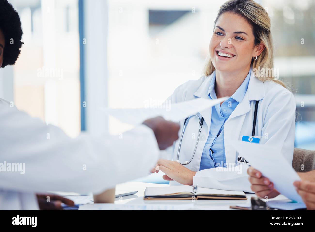 Doctors, woman and staff with planning, forms and report for procedure ...