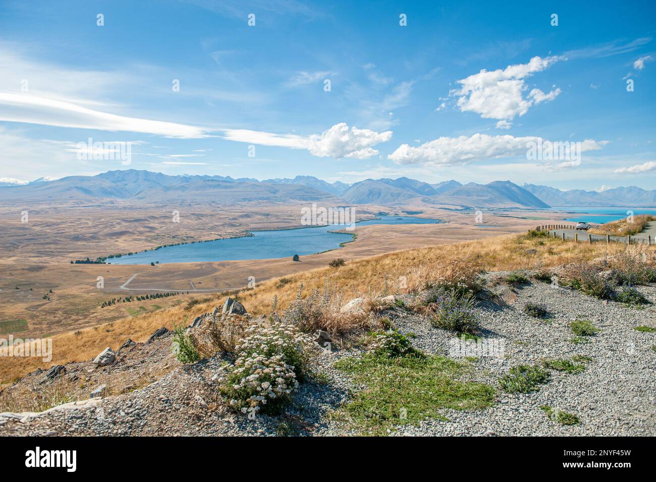 Mackenzie country with Lake Alexandrina and Lake Tekapo on South Island ...