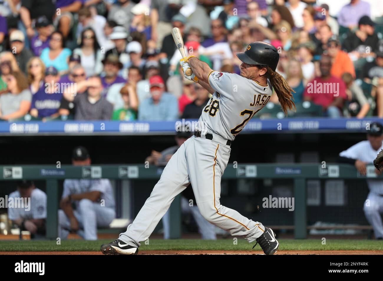 Pittsburgh Pirates right fielder John Jaso (28) swings at the pitch in ...