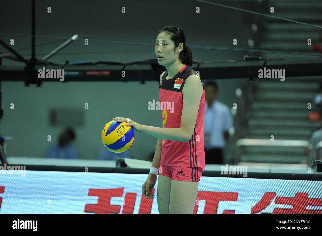 Zhu Ting of China prepares for a serve against Brazil during their match of the FIVB Volleyball ...