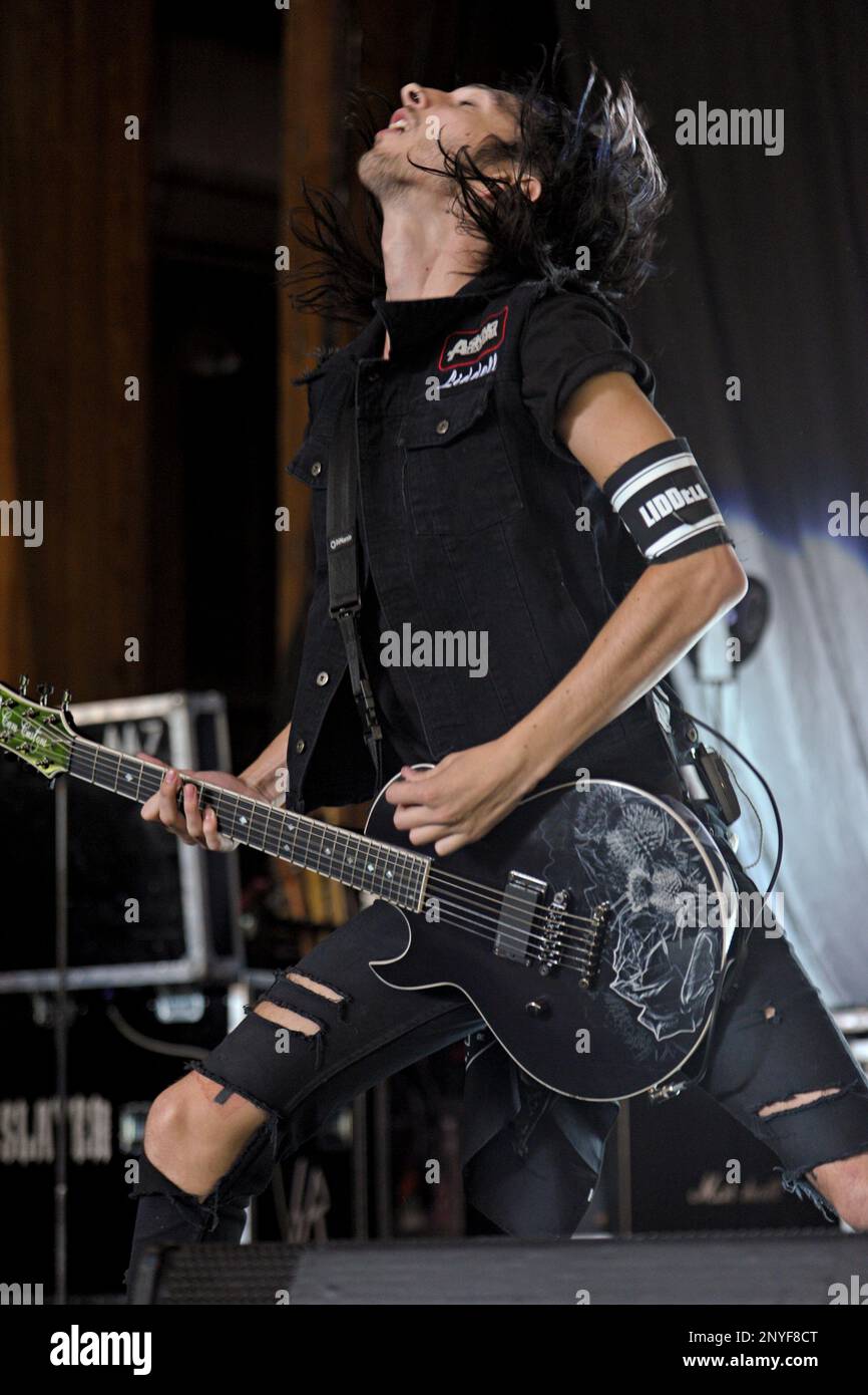 Cameron Liddell of Asking Alexandria performs during the Mayhem Music ...