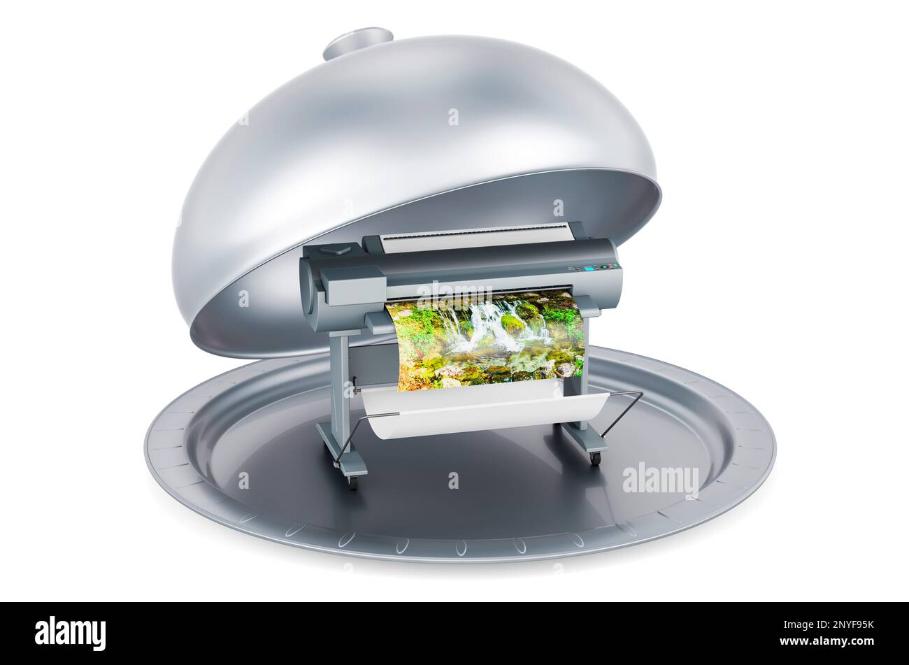 Restaurant cloche with large format inkjet printer. 3D rendering ...