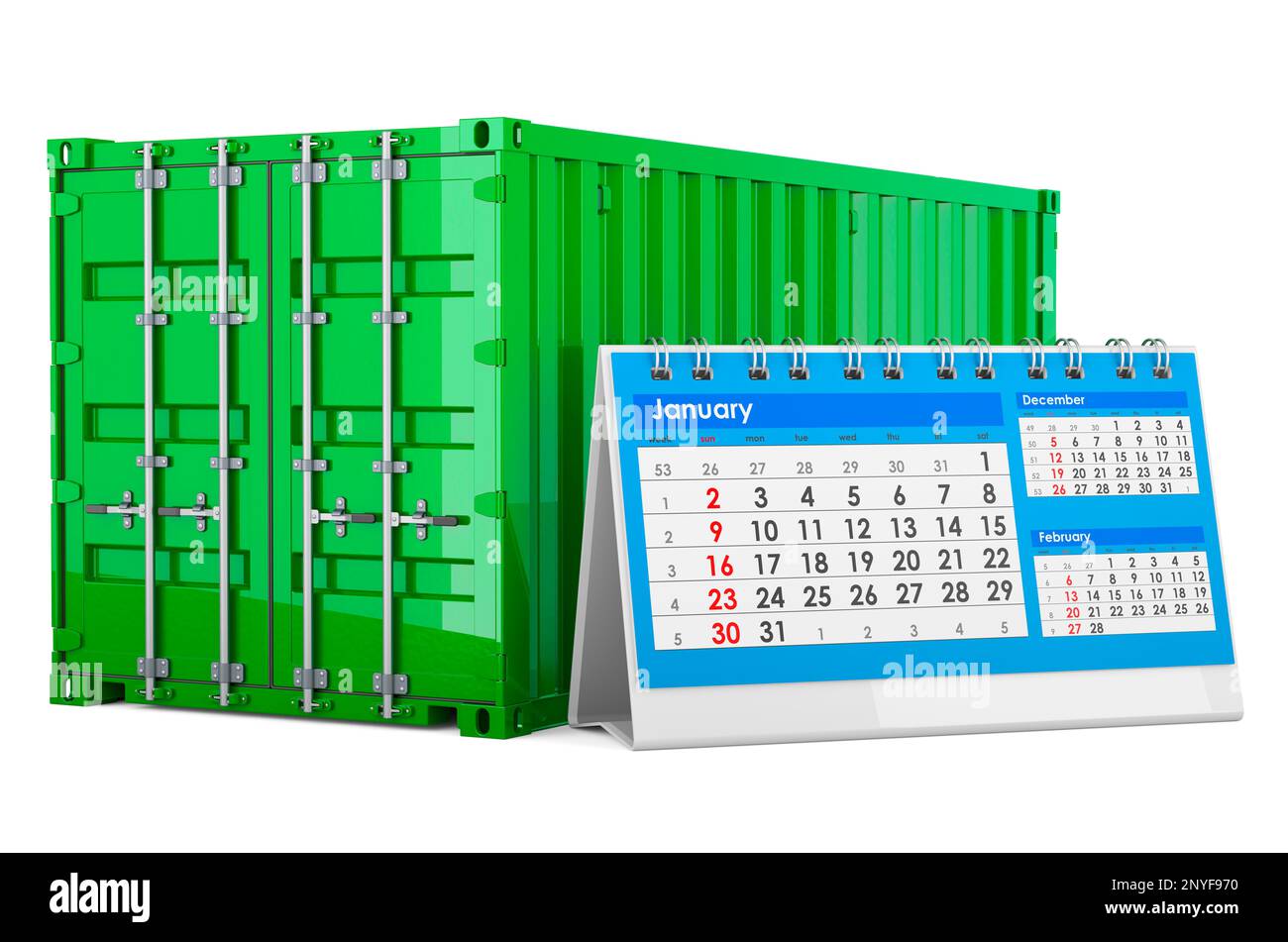Cargo container shipping freight with desk calendar, 3D rendering ...
