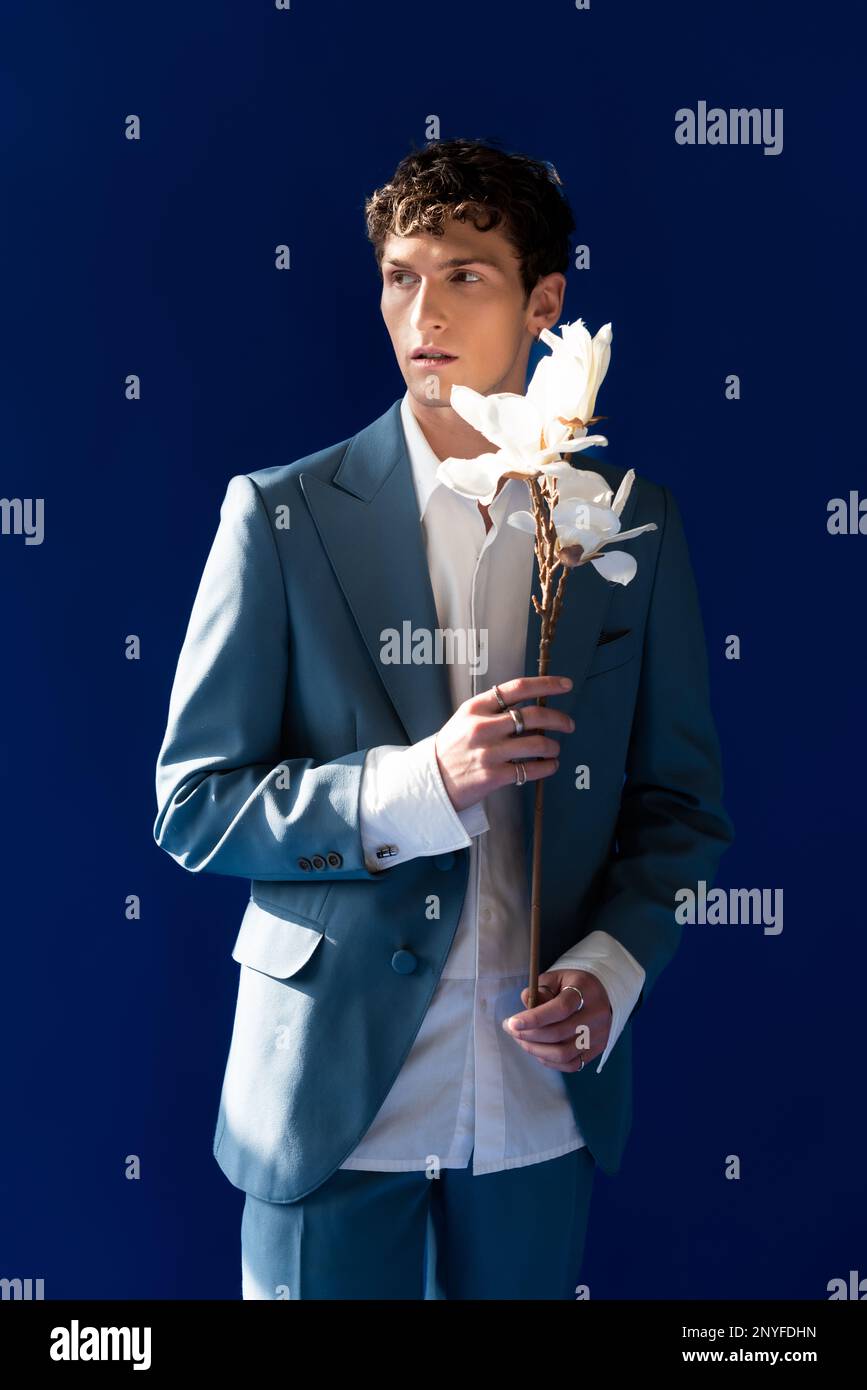 Stylish man in suit and shirt holding magnolia branch isolated on navy ...
