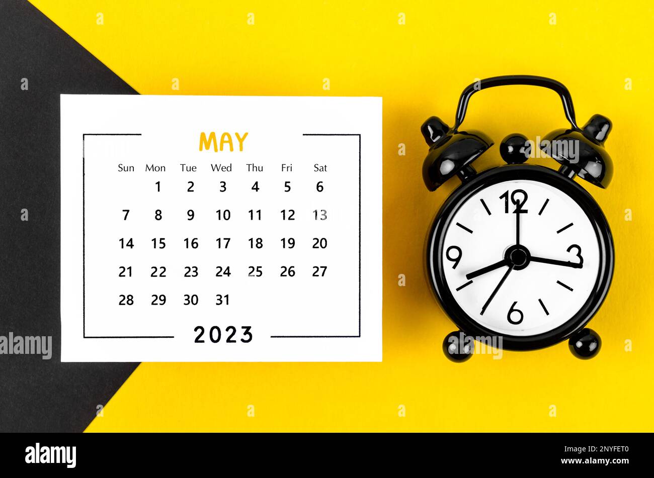 May 2023 Monthly calendar for 2023 year with black colour alarm clock ...
