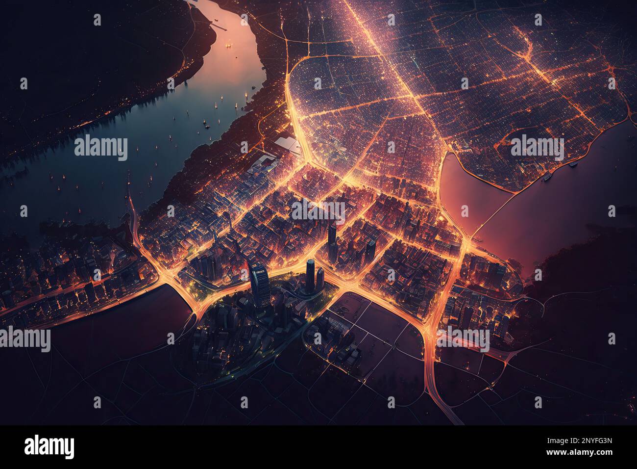 Aerial view of big illuminated metropolis by night Stock Photo - Alamy