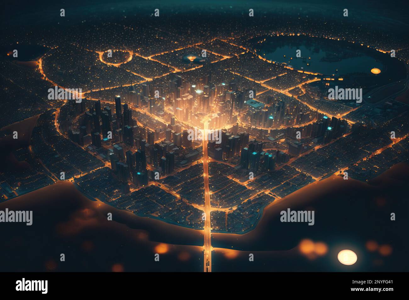 Aerial view of big illuminated metropolis by night Stock Photo - Alamy