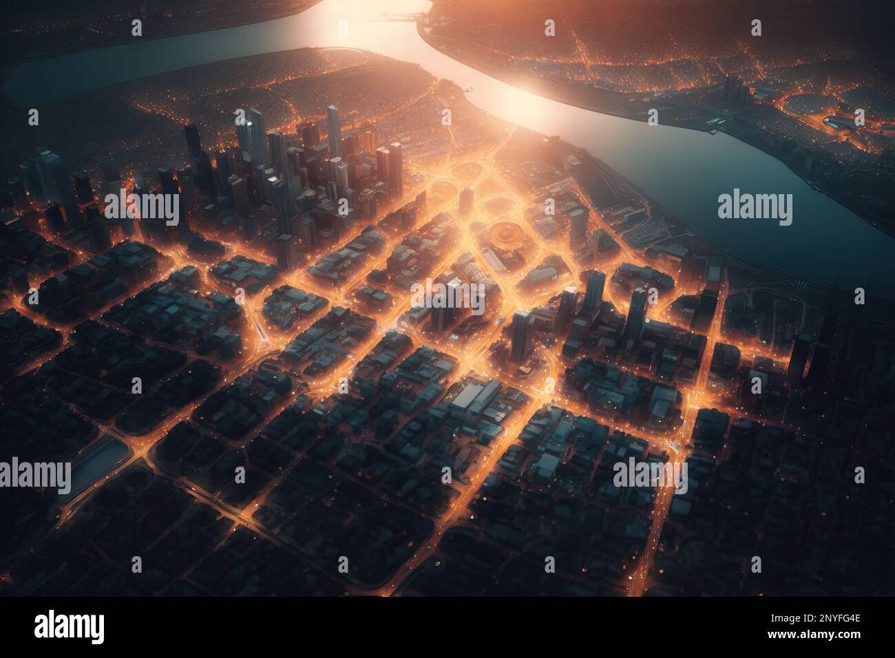 Aerial view of big illuminated metropolis by night Stock Photo - Alamy