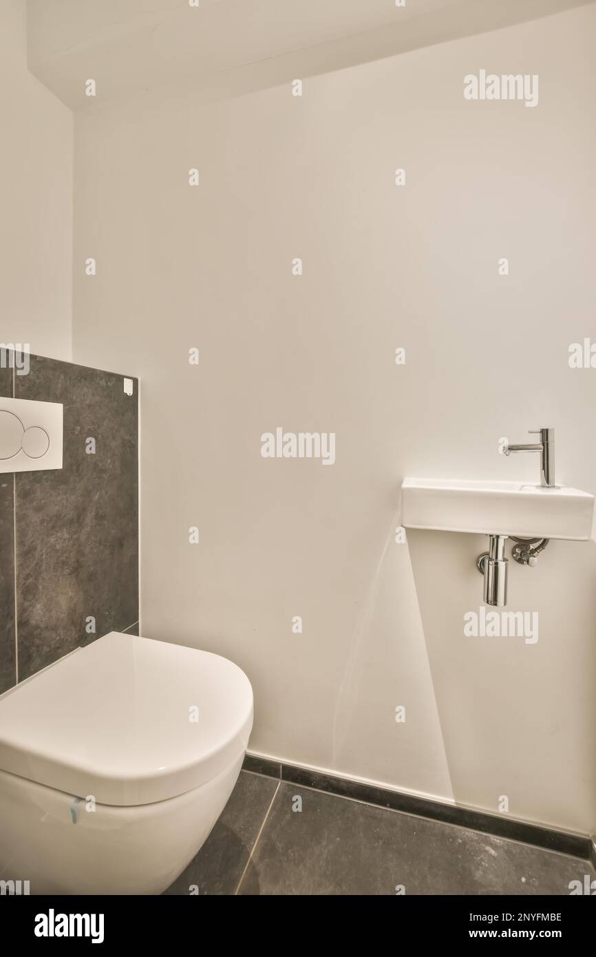 Interior of small bathroom in minimal style with white toilet and ...