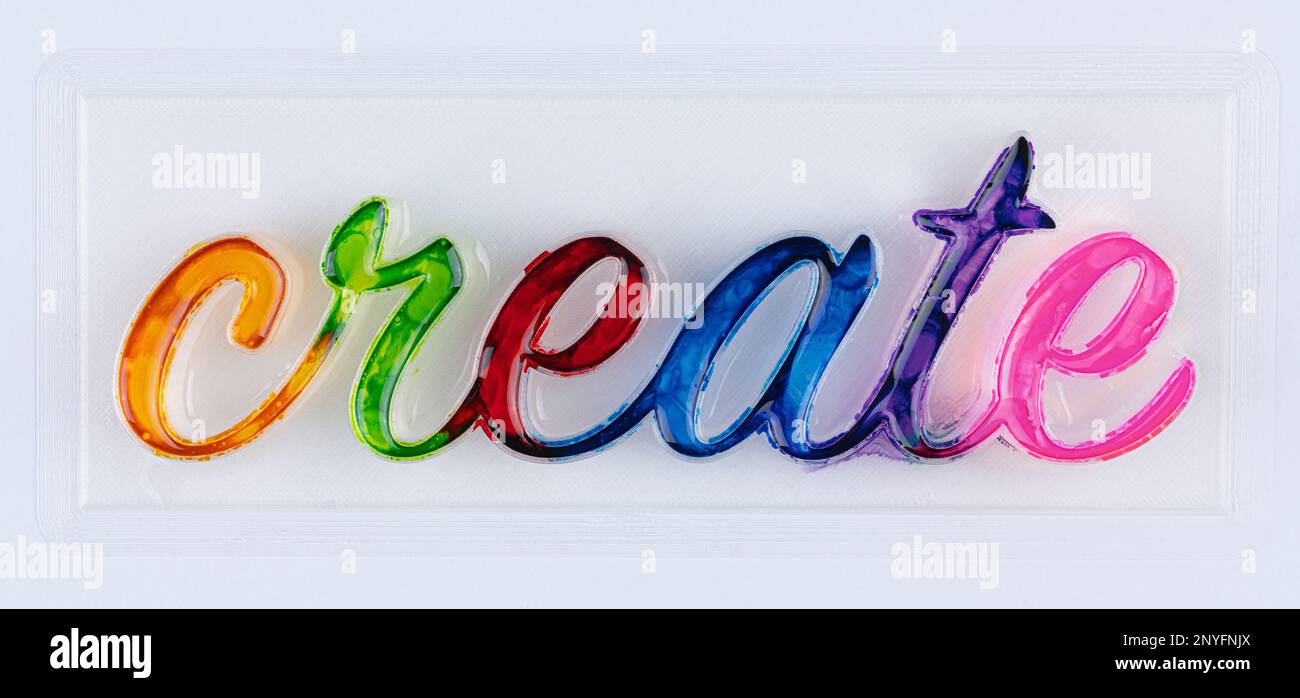 From above bright colorful inscription created in clear plastic form ...