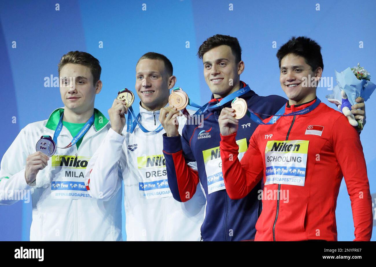(L to R) Hungary's swimmer Kristof Milak, silver, U.S. swimmer Caeleb ...