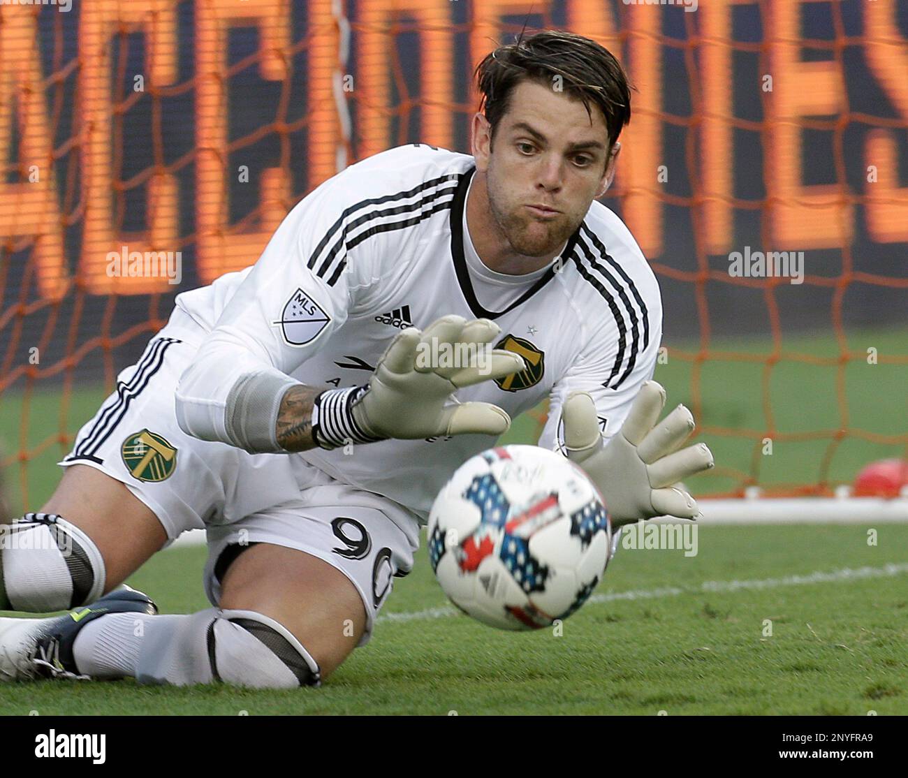Portland Timbers goalkeeper Jake Gleeson makes a save against the ...