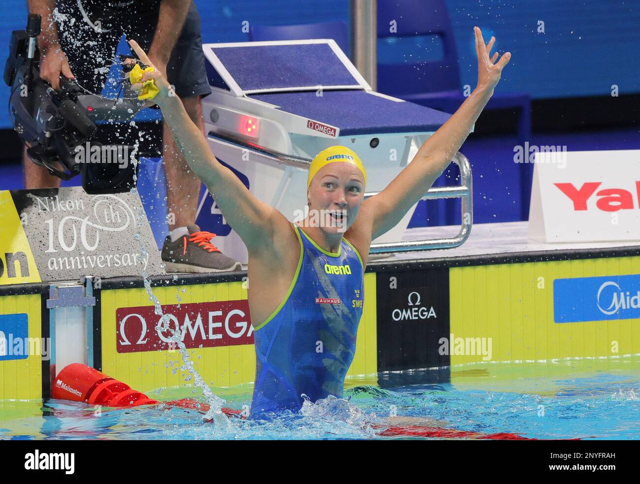 Swedish swimmer Sarah Sjostrom reacts as she sets a new world during ...