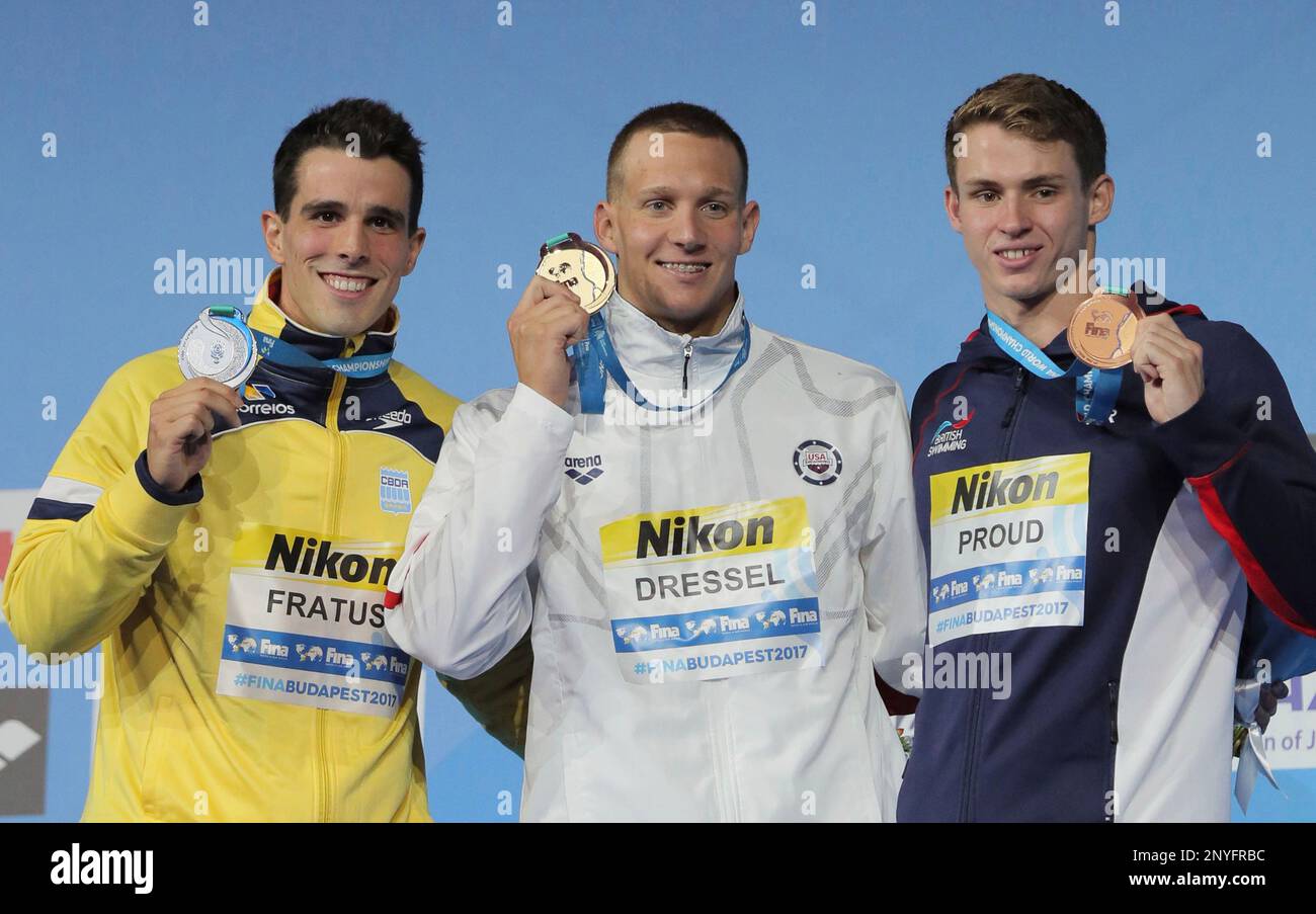 (L to R) Brazilian swimmer Bruno Fratus, silver, U.S. Caeleb Remel ...