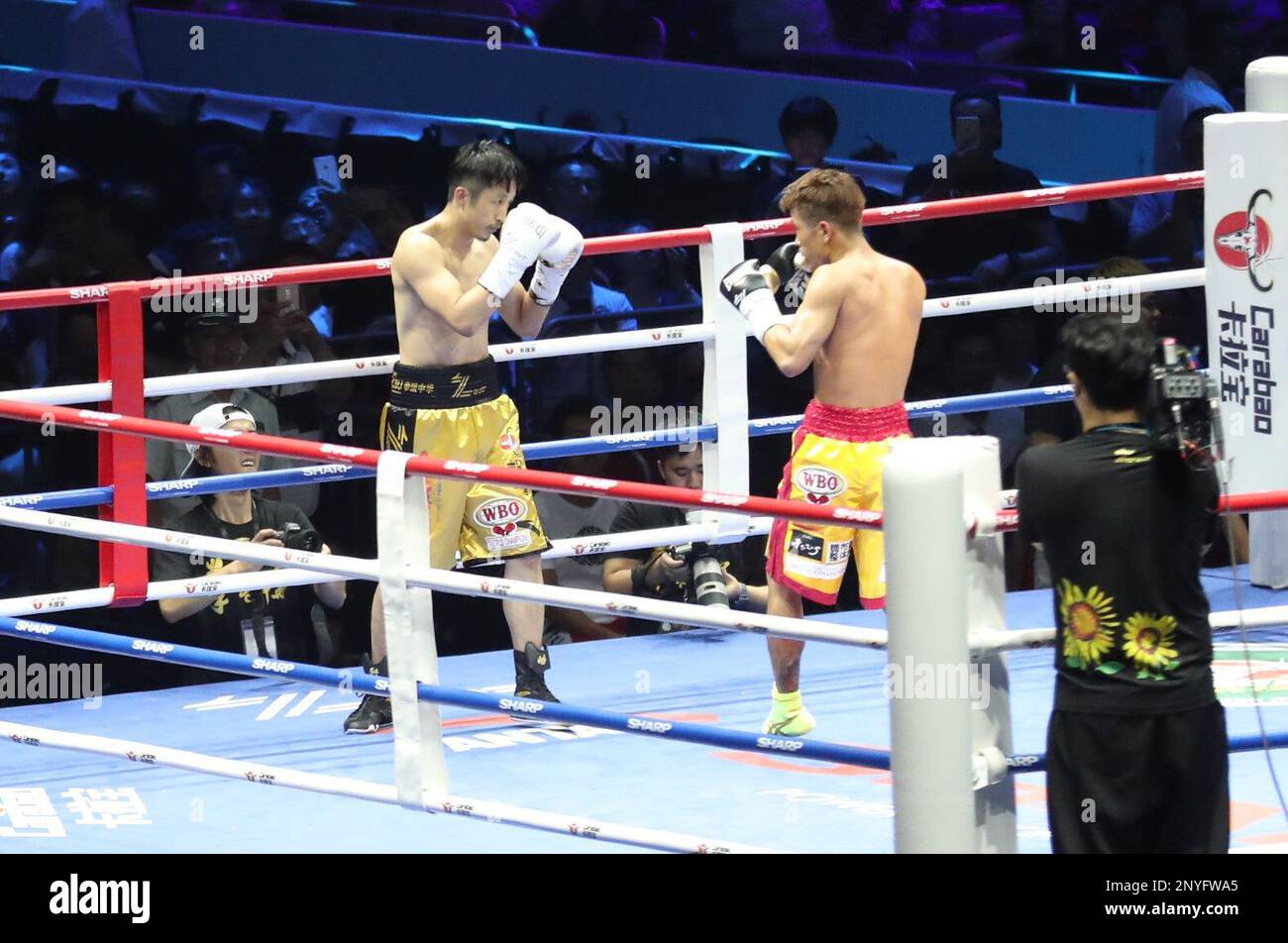 Chinese boxer Zou Shiming, left, hits Japanese boxer Sho Kimura, center ...