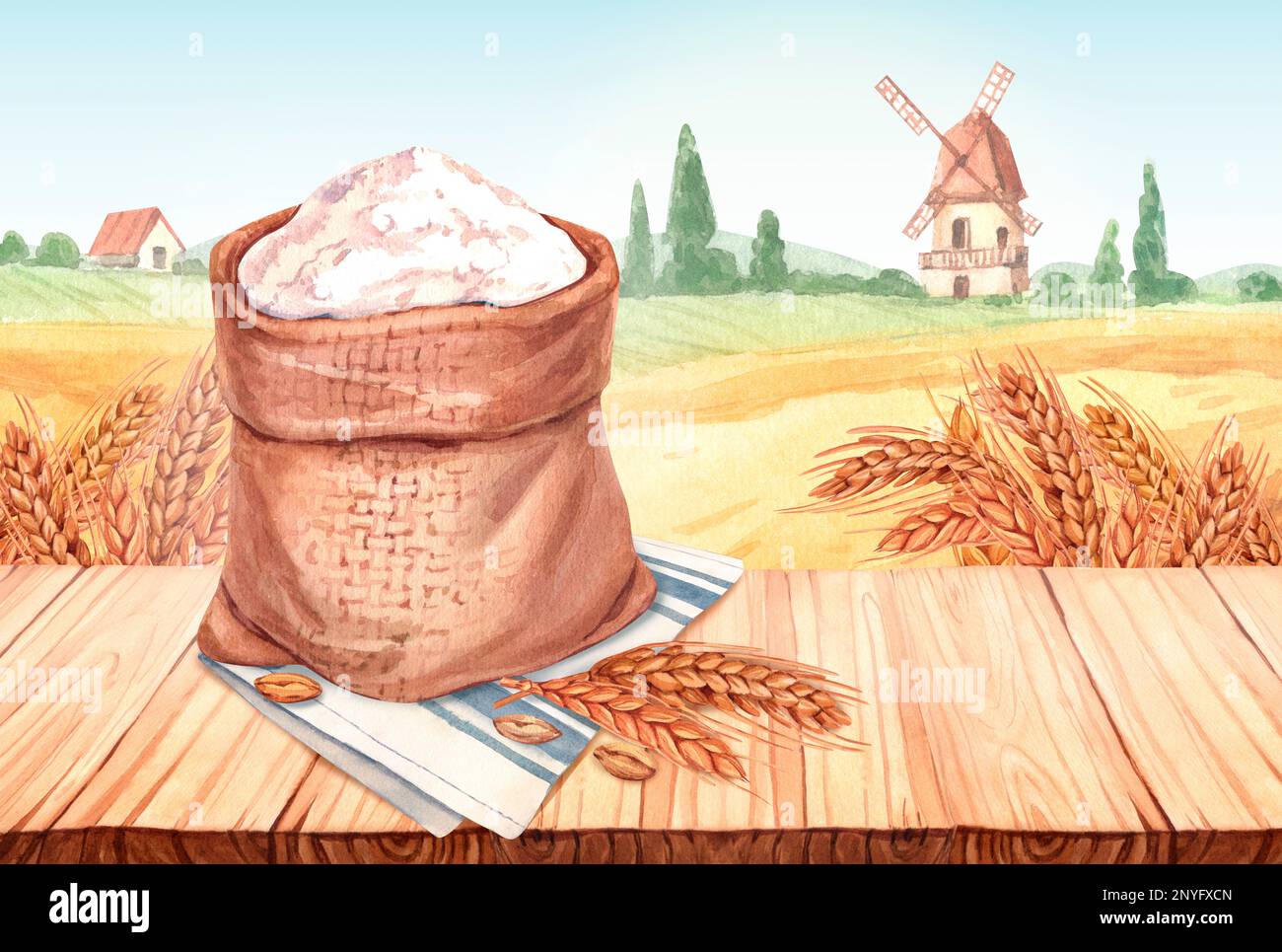 Watercolor flour bag and wheat ear on wood table against the backdrop ...