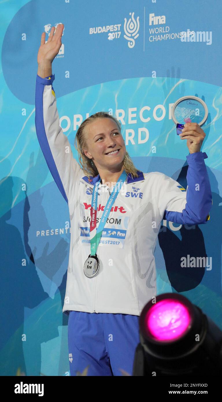 Swedish swimmer Sarah Sjostrom celebrates during an award ceremony of ...