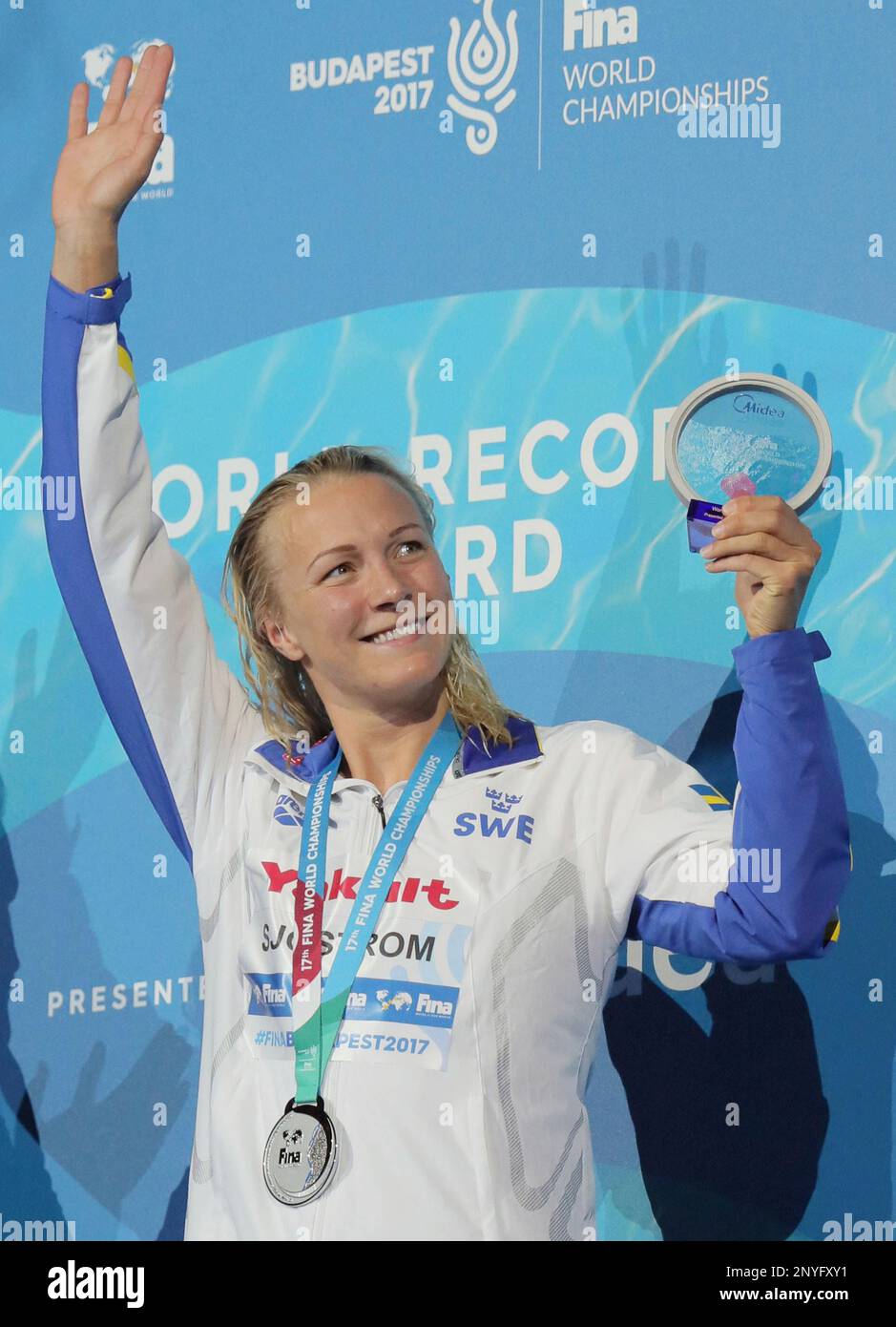Swedish swimmer Sarah Sjostrom celebrates during an award ceremony of ...