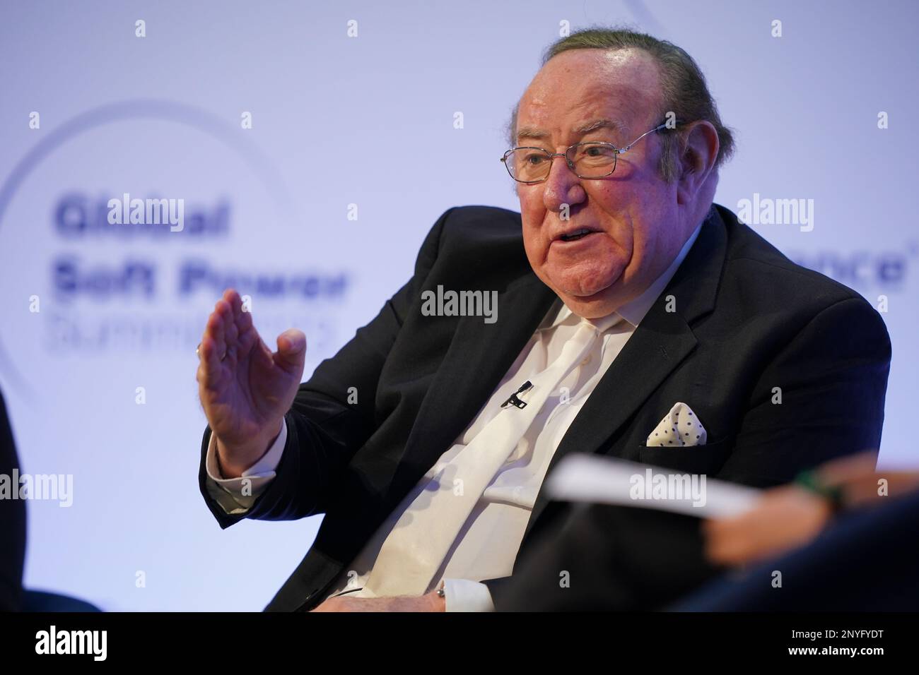Andrew Neil speaking during the Global Soft Power Summit at the Queen ...