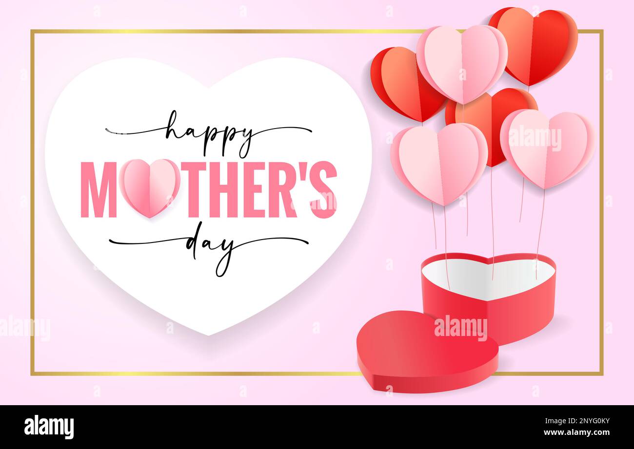Happy Mothers Day card with paper hearts and heart gift box. Vector ...