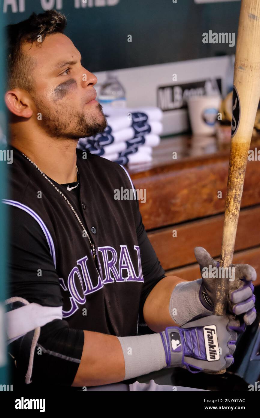 ST. LOUIS, MO - JULY 26: Colorado Rockies' Gerardo Parra sits in the ...