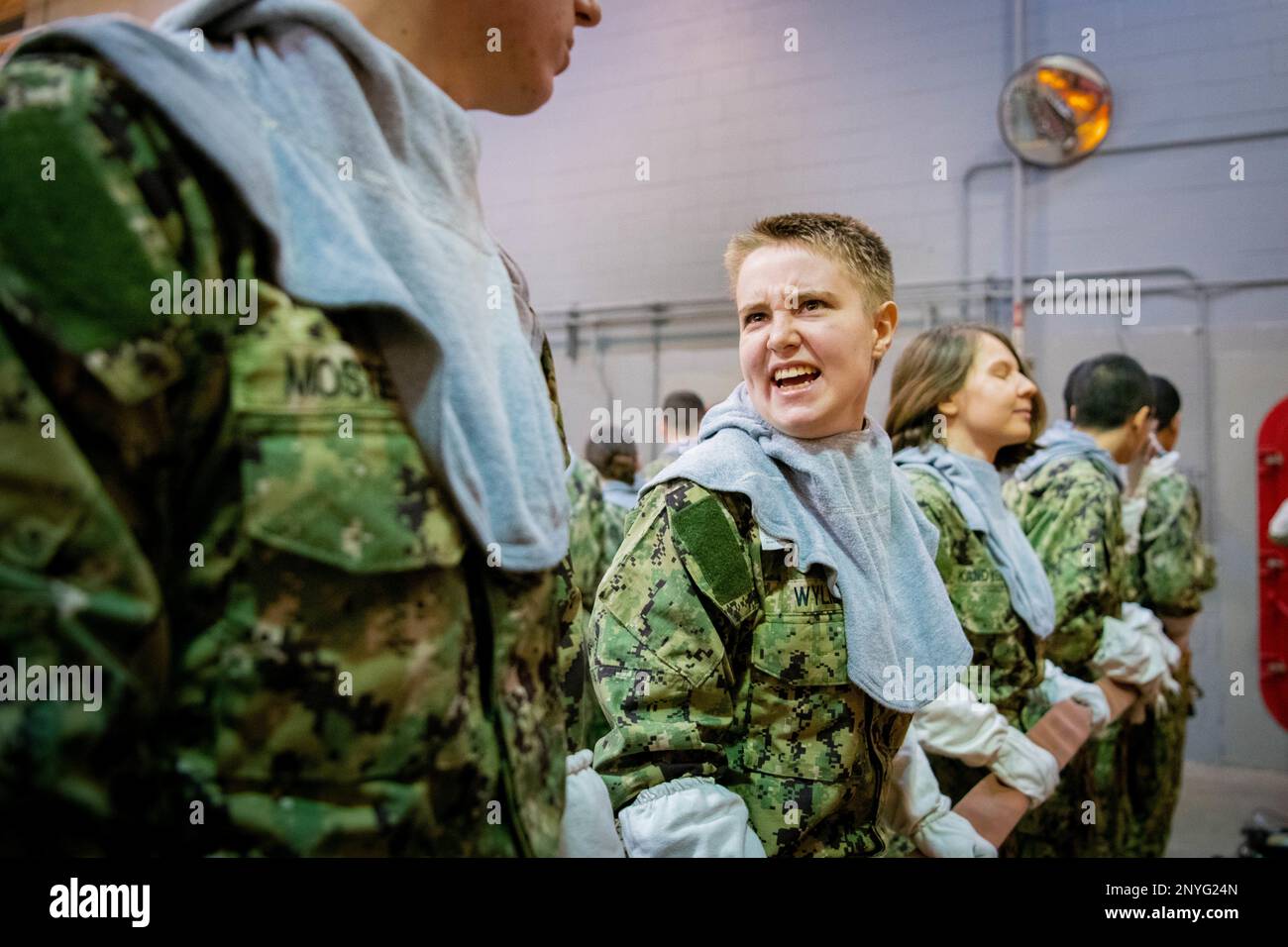 Recruits participate in firefighting training at USS Chief onboard ...