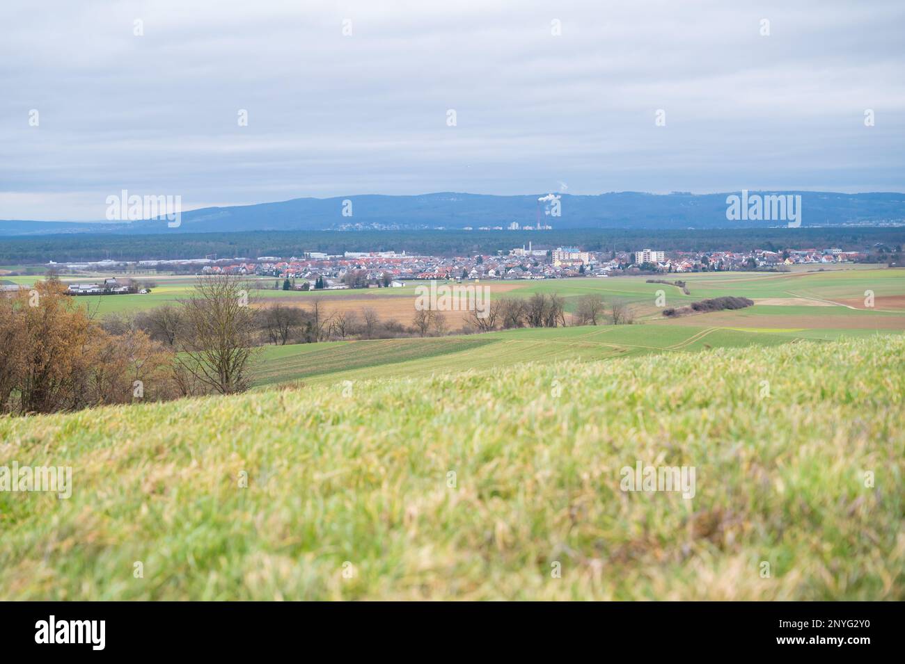 Cityscape of Schaafheim, with agricultural fields in the front and ...