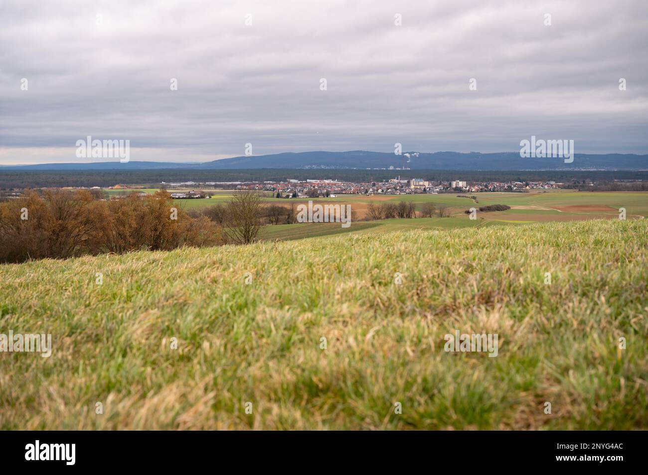 Cityscape of Schaafheim, with agricultural fields in the front and ...