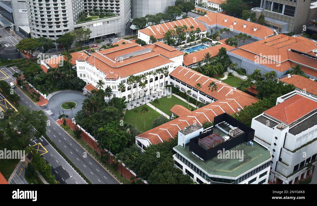 An aerial view of Raffles Hotel. The exterior of the hotel is kept ...