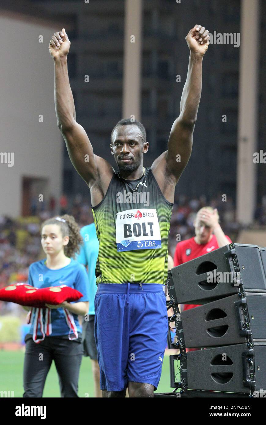 Usain Bolt (JAM) poses after winning the 100m in 9.95 in the Herculis ...