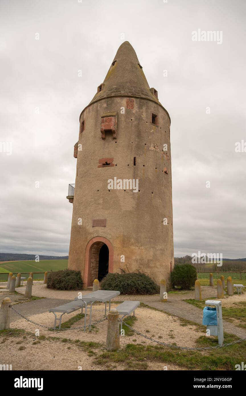 Wartturm at Schaafheim, Germany during cloudy day, view from low angle ...