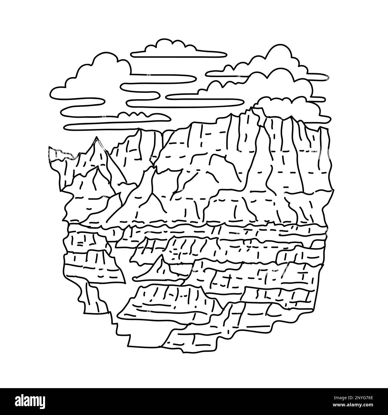 Mono line illustration of the Door Trail in Badlands National Park ...