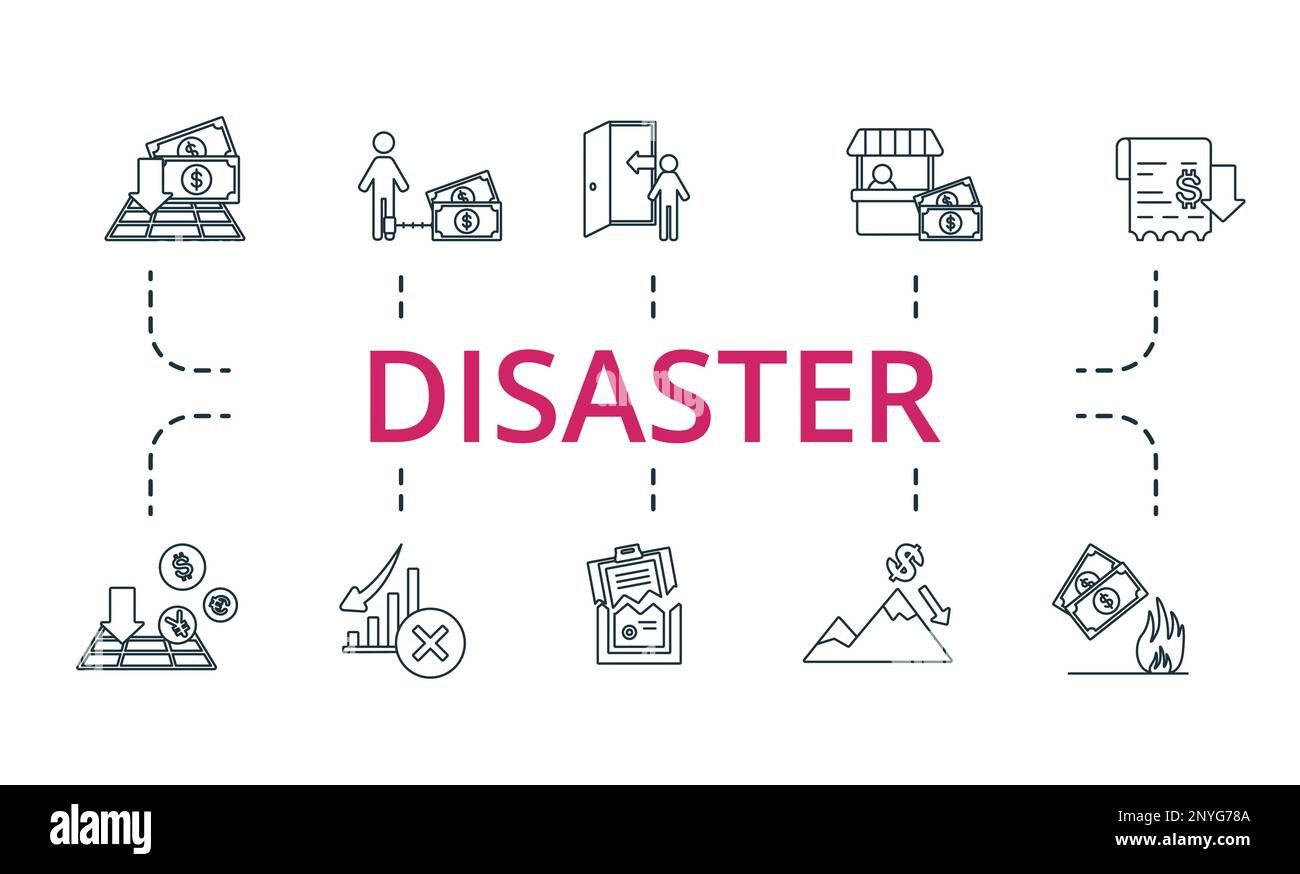 Disaster set icon. Editable icons disaster theme such as liquidation ...