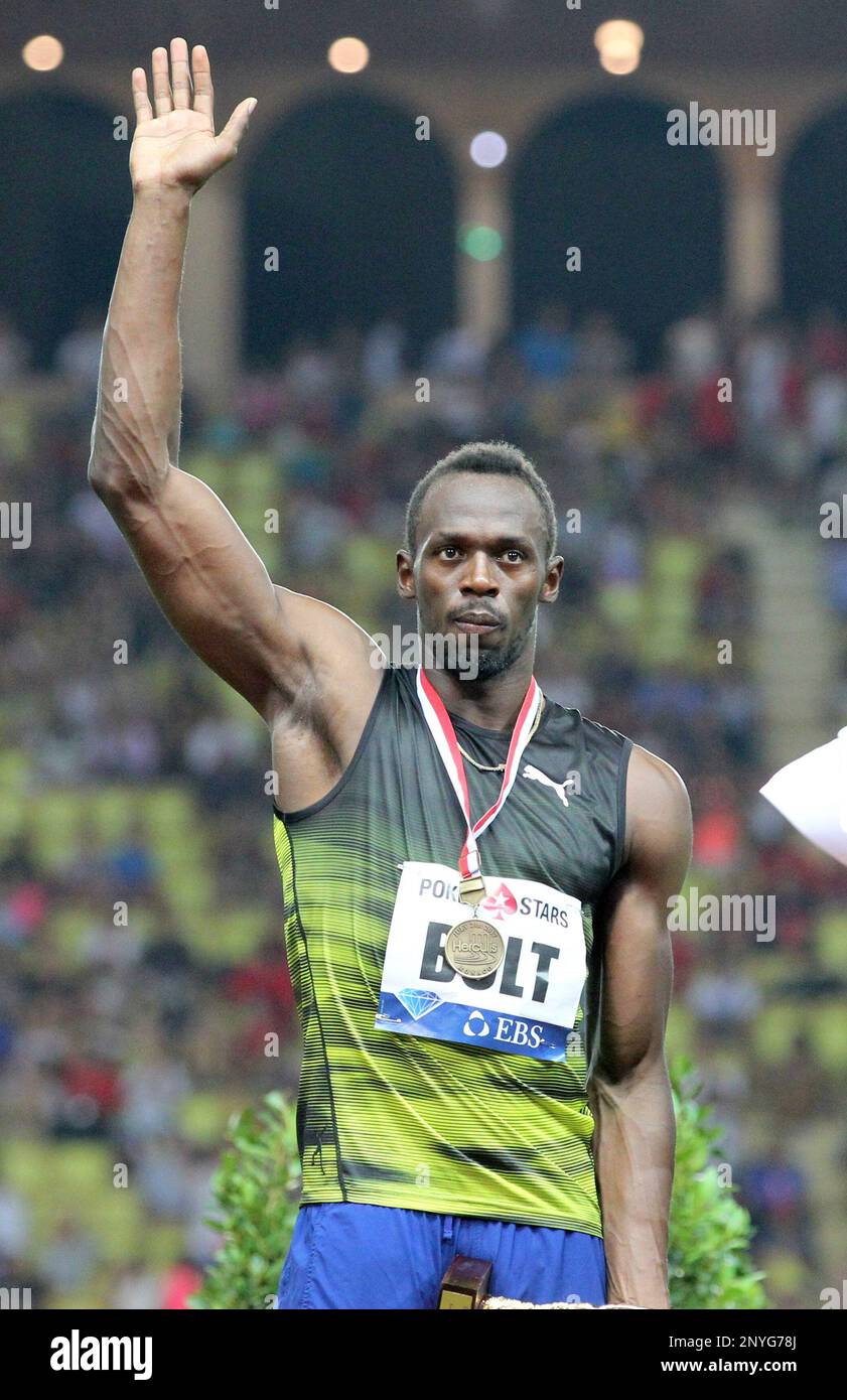 Usain Bolt (JAM) poses after winning the 100m in 9.95 in the Herculis ...