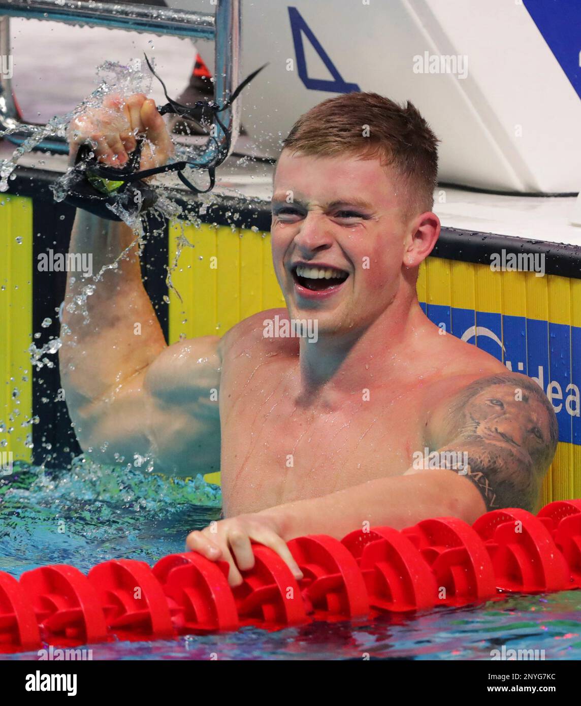 British swimmer Adam Peaty swimmer Adam Peaty reacts after breaking a ...