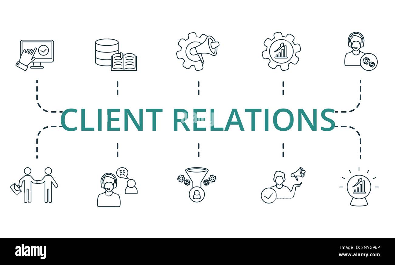 Client Relations set icon. Editable icons client relations theme such ...