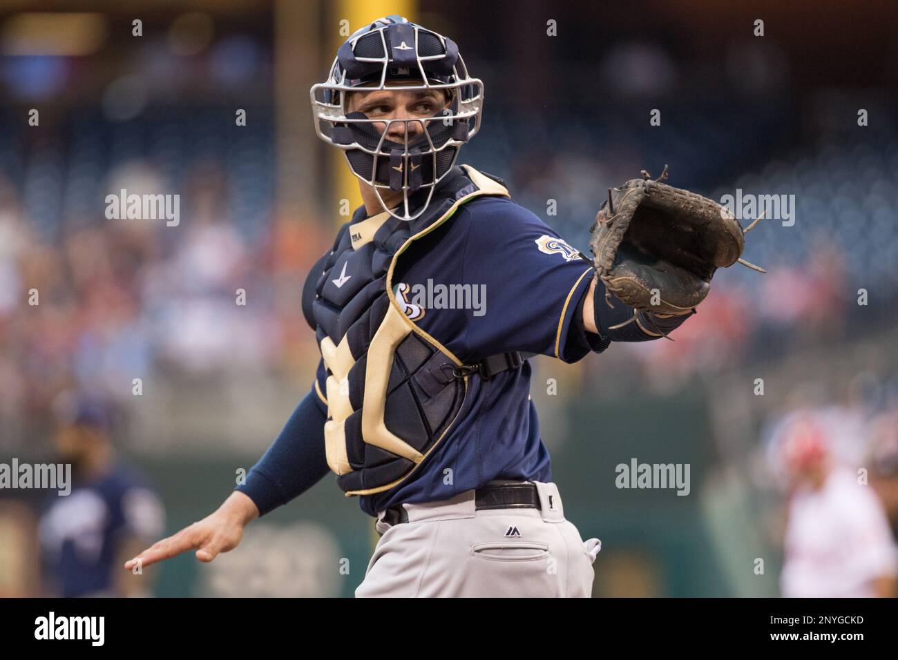 July 21, 2017: Milwaukee Brewers catcher Manny Pina (9) looks back ...