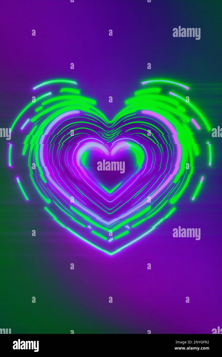 cyberpunk glowing 3d heart on rainbow neon holographic background Stock ...