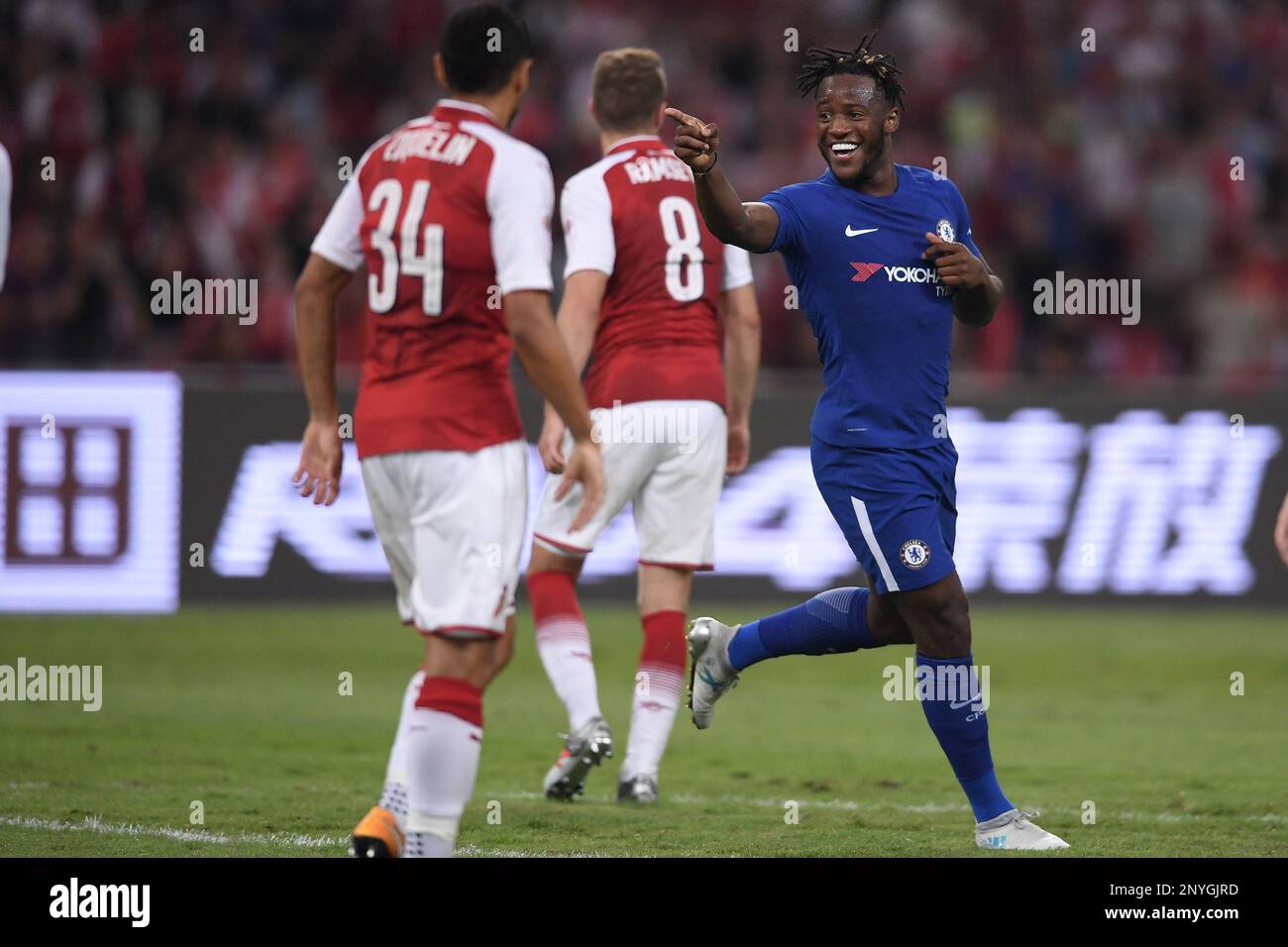 Belgian football player Michy Batshuayi, right, of Chelsea F.C ...