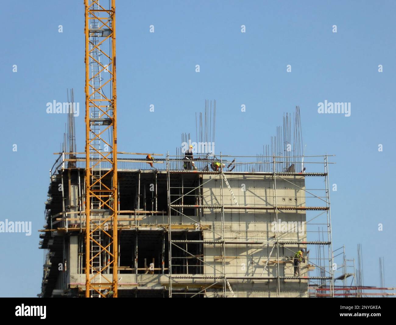 Construction building with crane and workers Stock Photo - Alamy